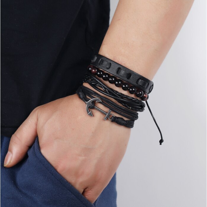 Set bratari barbati, Piele naturala, Model ancora, Negru - eMAG.ro