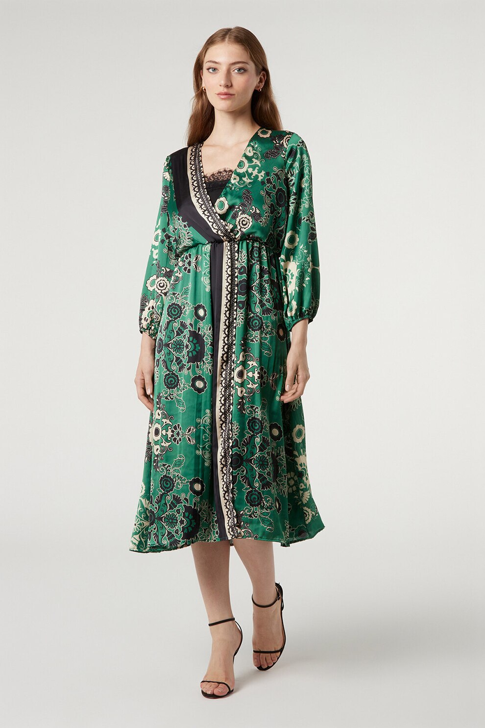 Oltre, Rochie evazata satinata cu model floral, Verde, Negru, 40 - eMAG.ro