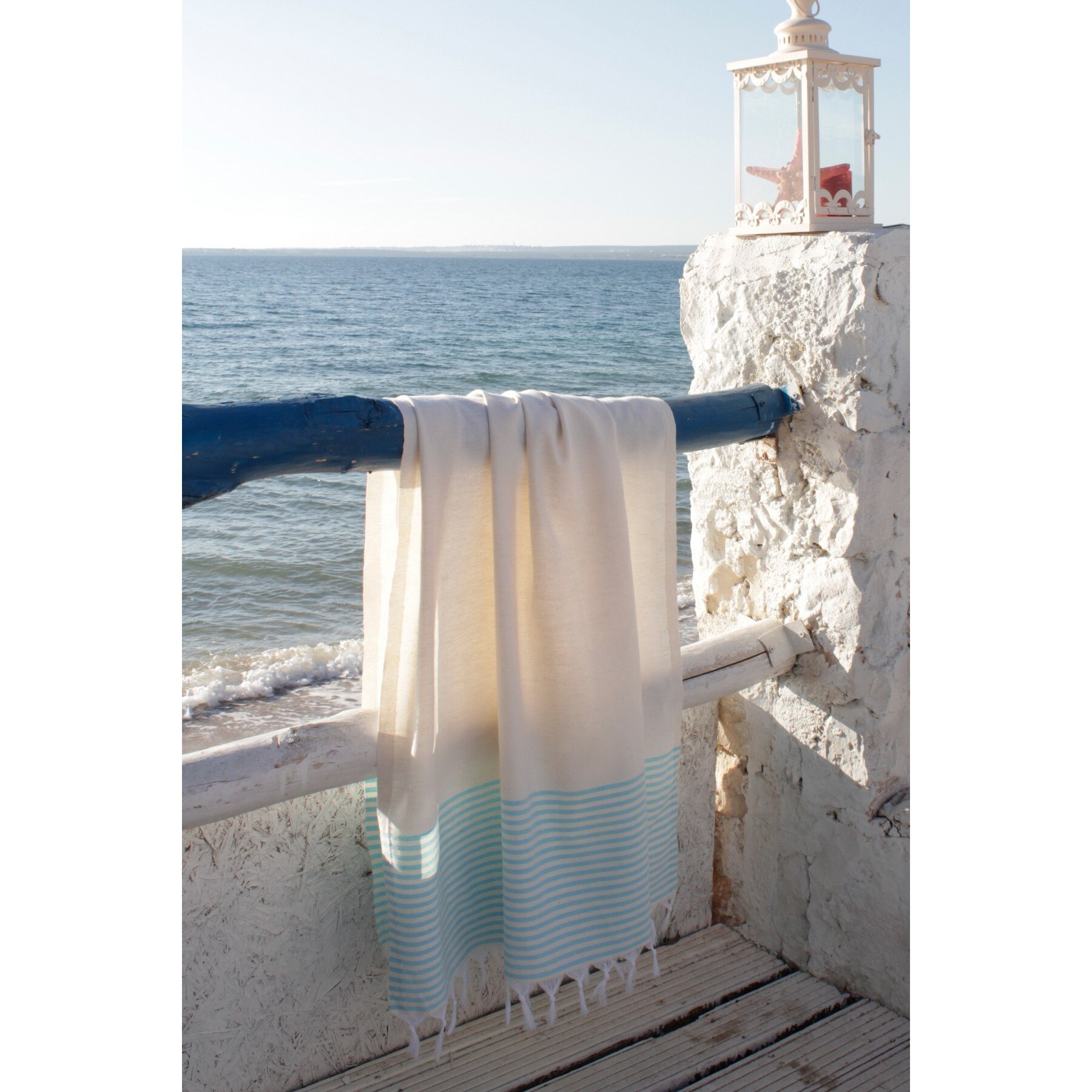 Prosop plaja/SPA/baie, crem cu turcuaz, 100% bumbac, marime 100×170 cm ...