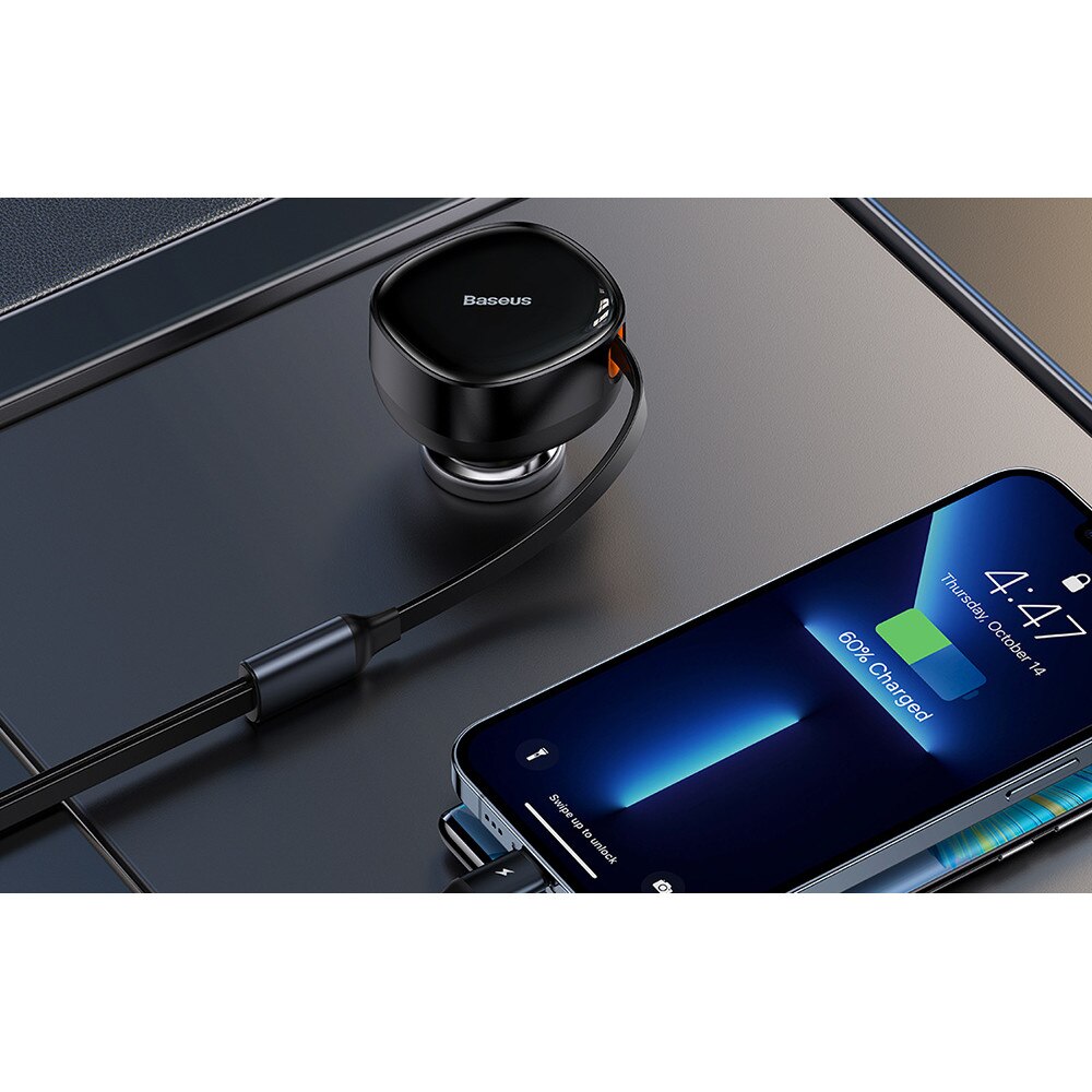 Incarcator auto Baseus, cablu USB retractabil Type C si Lightning, 75cm ...