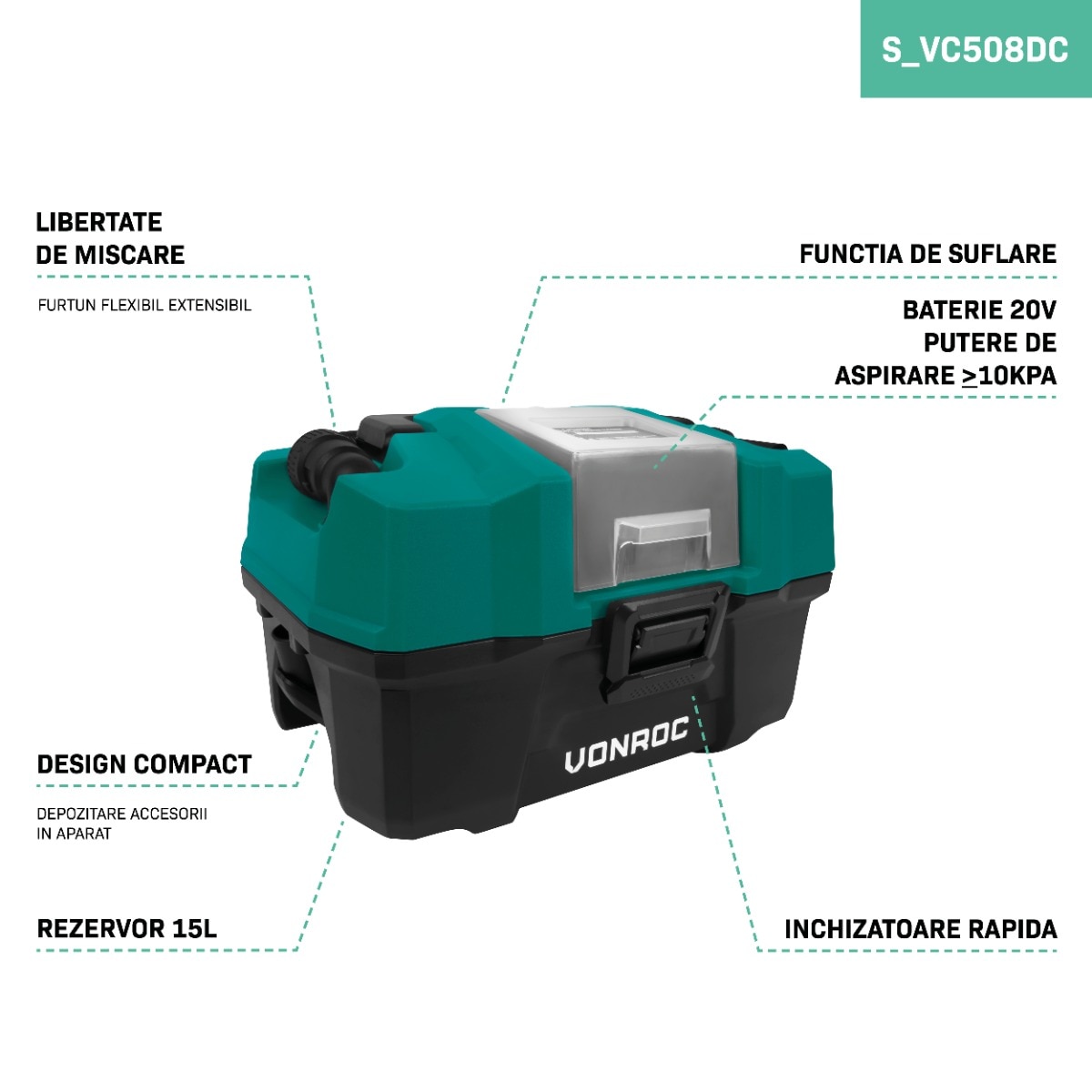 Aspirator portabil, VONROC, S_VC508DC, 20V, cu 1 baterie de 2.0Ah si ...