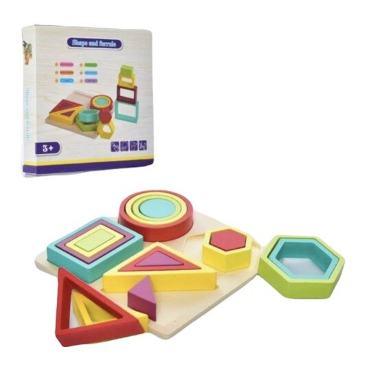 Set forme geometrice din lemn, tip Montessori, 18 piese si suport de ...