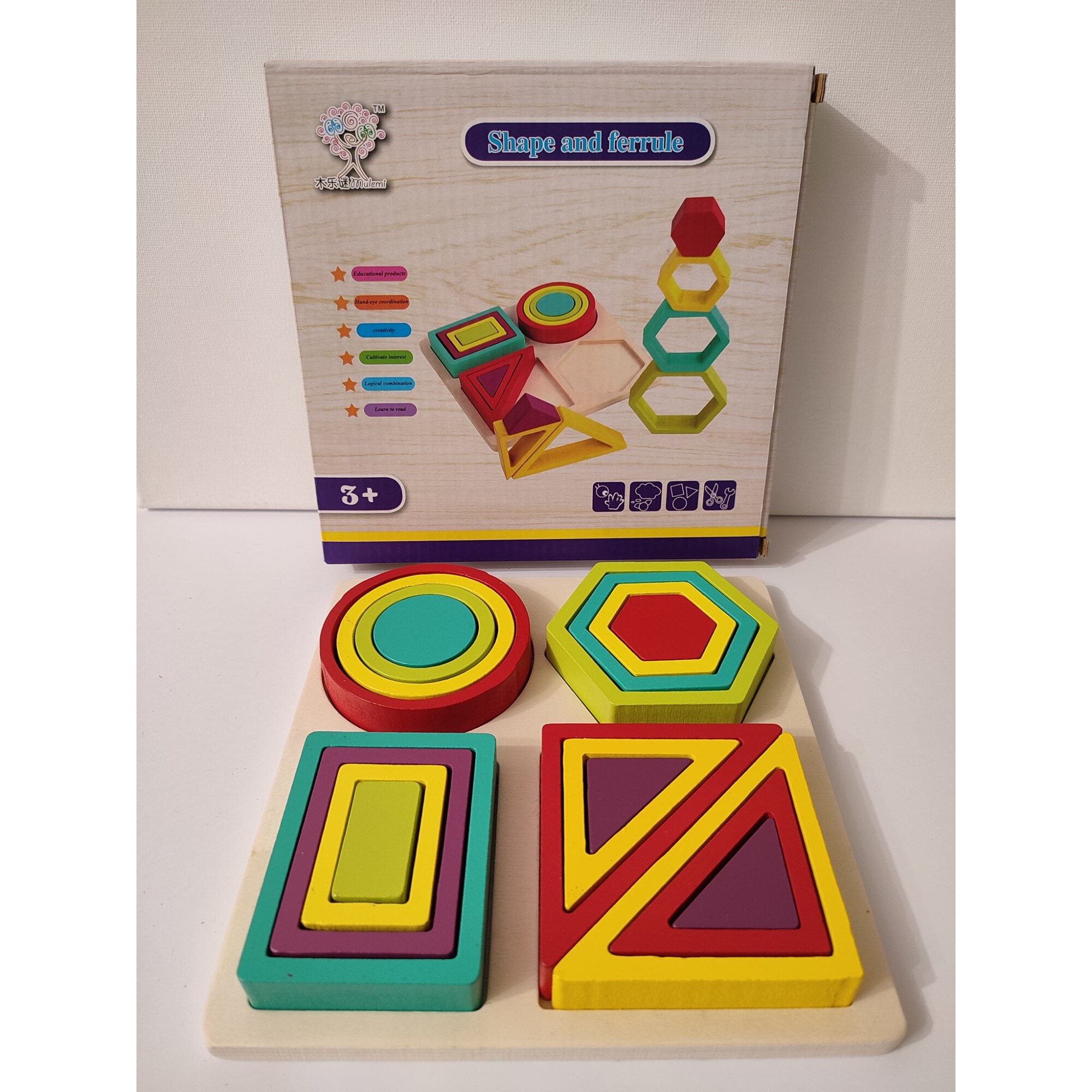 Set forme geometrice din lemn, tip Montessori, 18 piese si suport de ...
