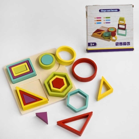 Set forme geometrice din lemn, tip Montessori, 18 piese si suport de ...