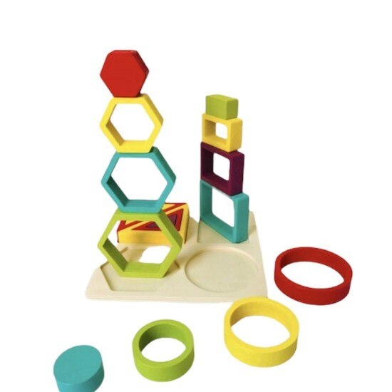 Set forme geometrice din lemn, tip Montessori, 18 piese si suport de ...