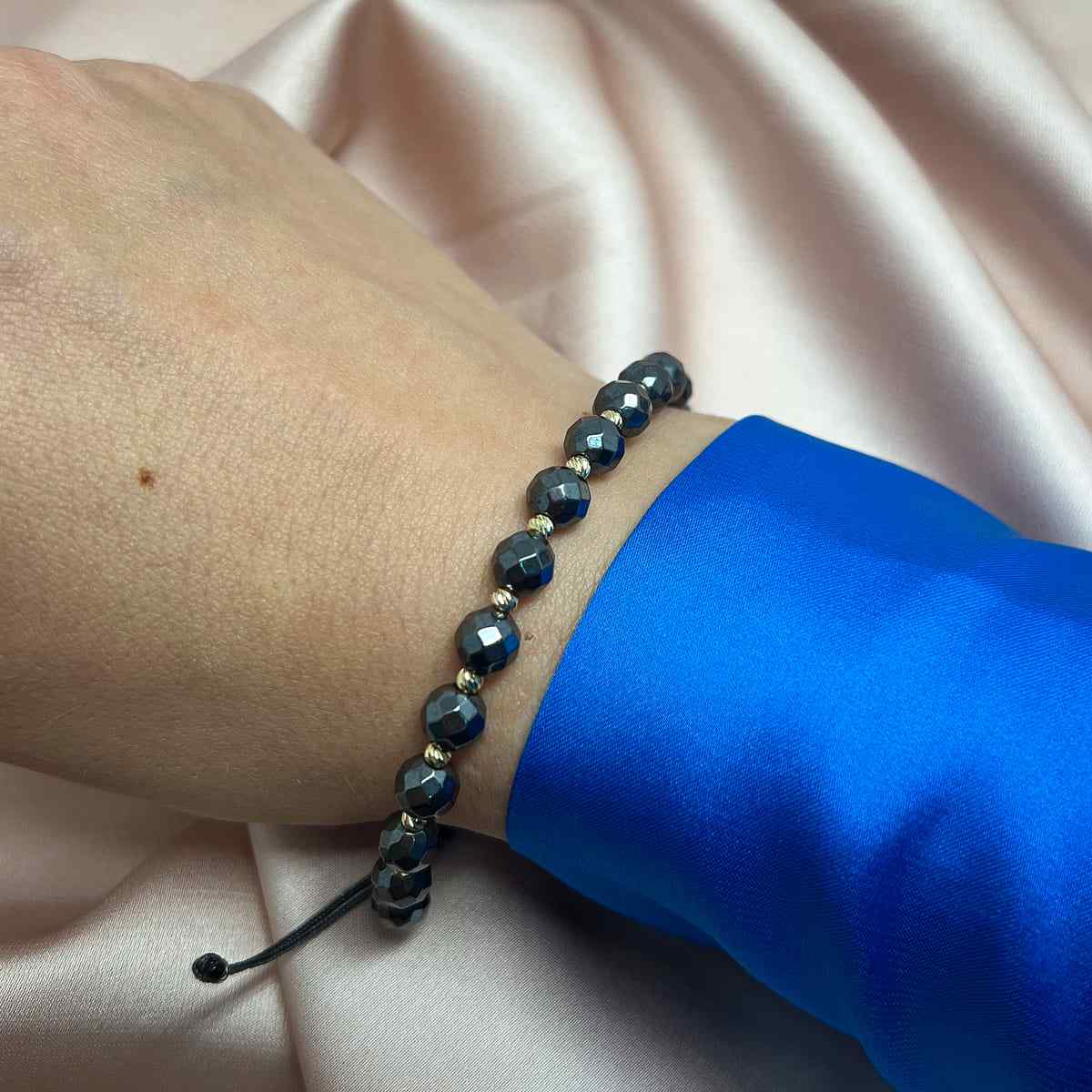 Bratara Snur Aur 14k cu Bile si Piatra Hematit Gri Fatetat 6mm - eMAG.ro