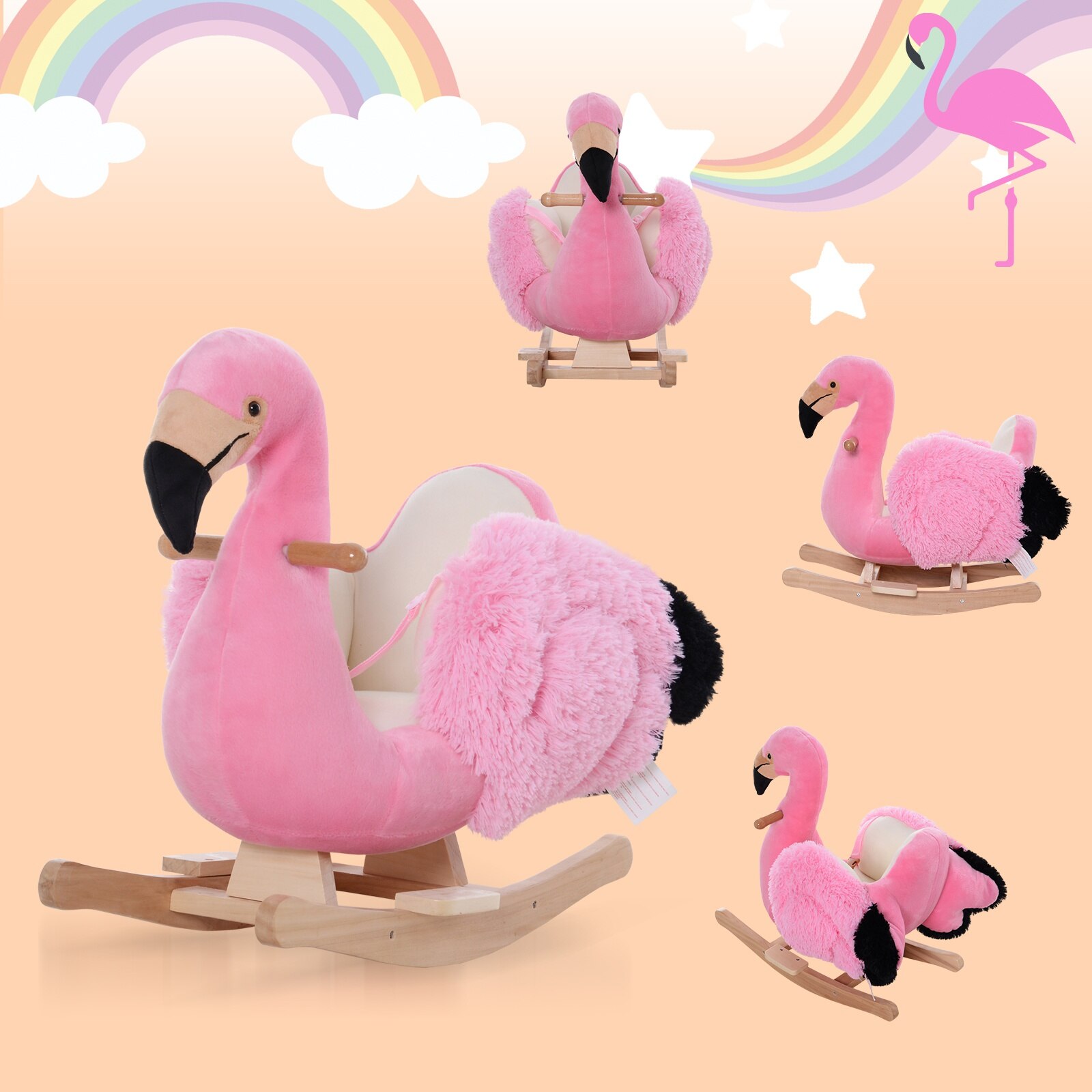 Scaun balansoar Homcom, Model flamingo, Lemn, 60x33x52 cm, Roz - eMAG.ro