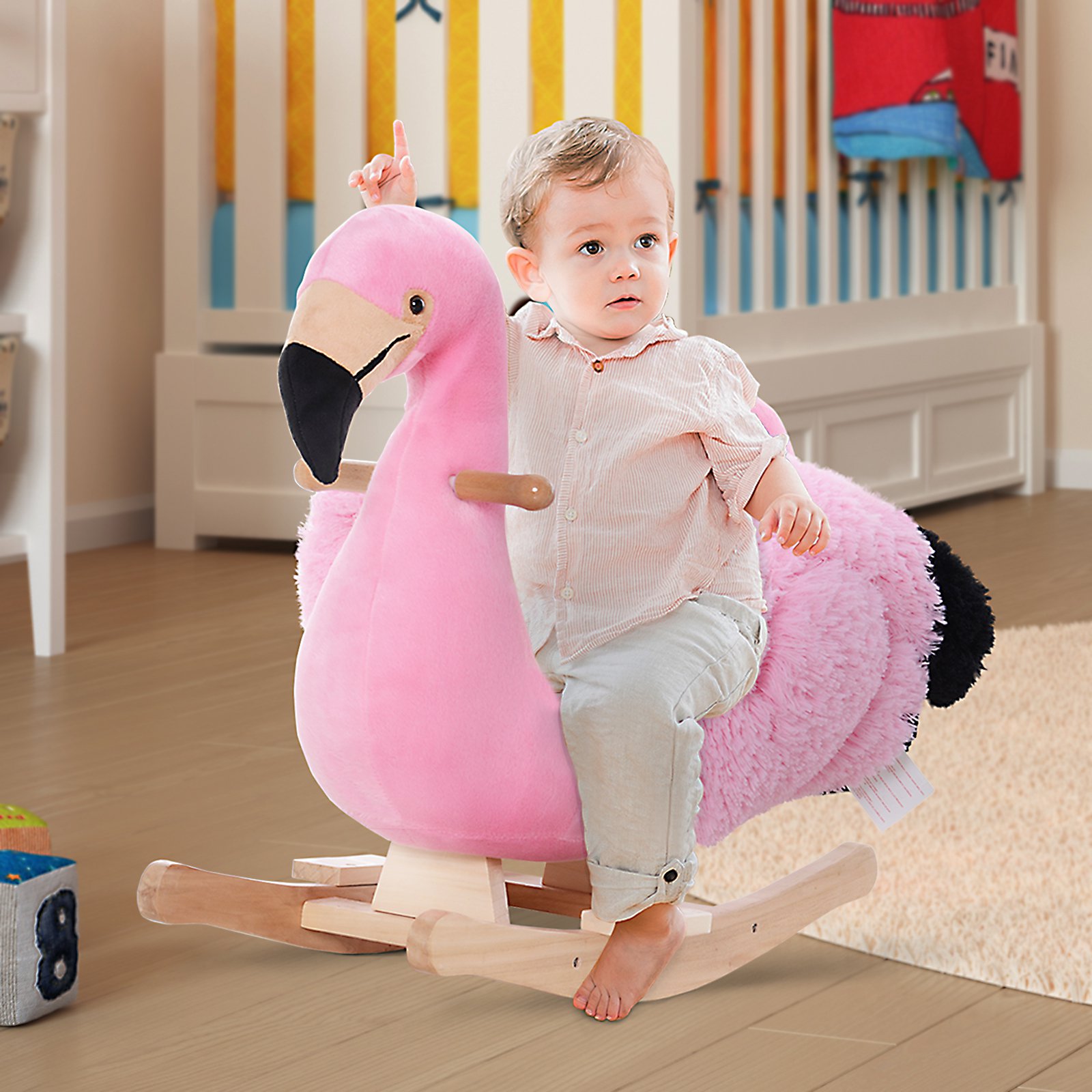 Scaun balansoar Homcom, Model flamingo, Lemn, 60x33x52 cm, Roz - eMAG.ro