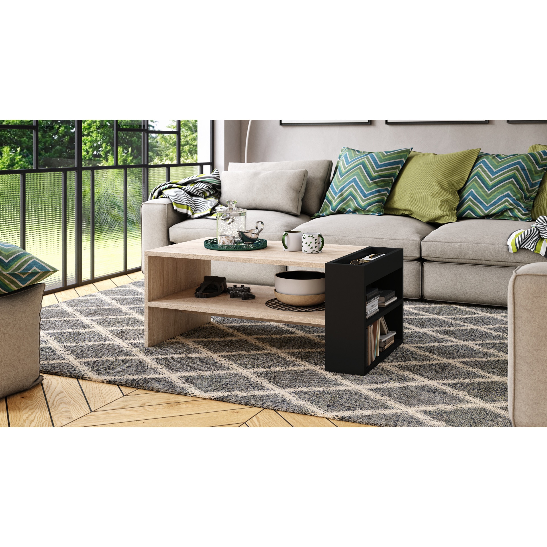 Masuta de cafea, Mazzoni, NEFRI sonoma stejar / negru mat, 55 cm / 100 ...