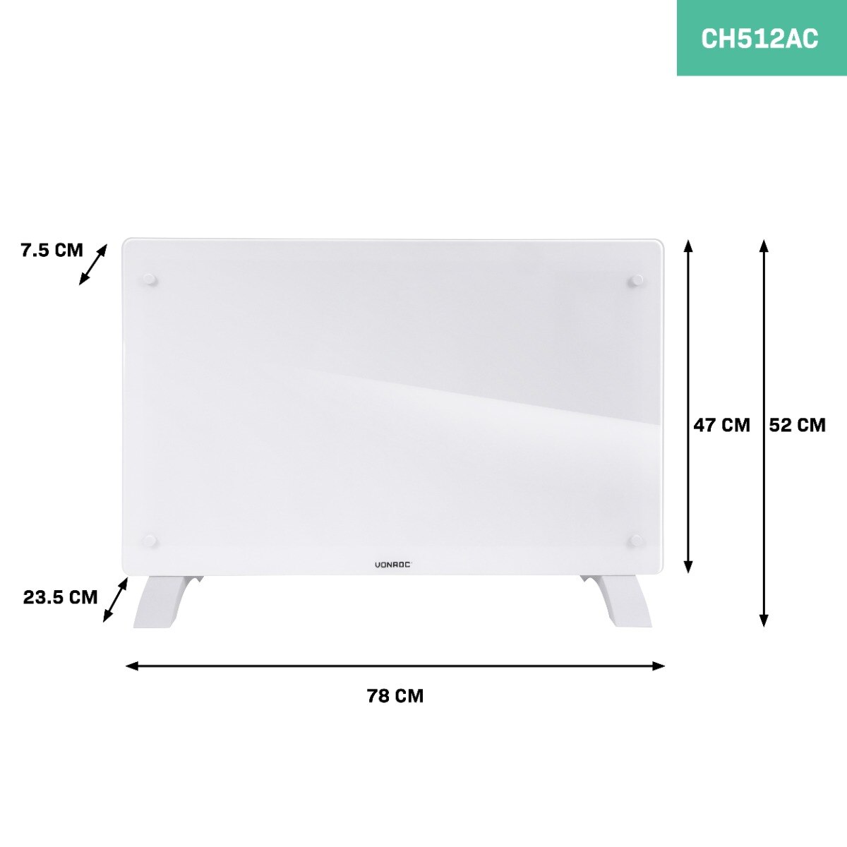 Convector cu panou de sticla, VONROC, CH512AC_WHITE, 2000W, alb, WIFI ...