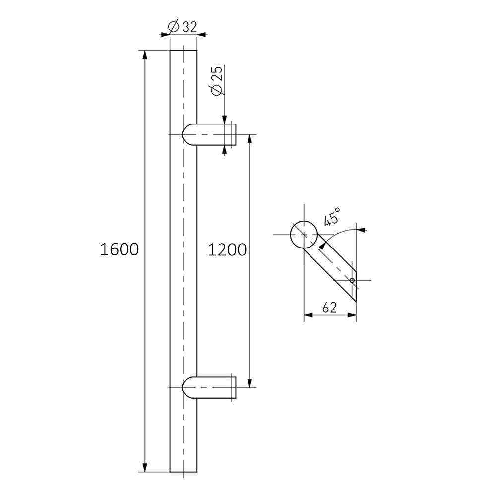 Set manere din inox, Medos, lungime 1600mm, interax 1200mm, prindere 45 ...