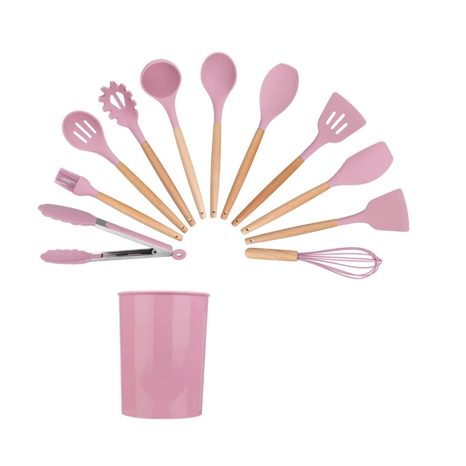 Set ustensile bucatarie 12 piese Lemn si Silicon alimentar ...