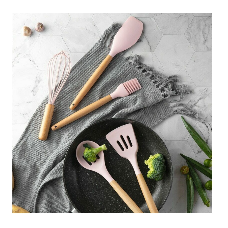 Set ustensile bucatarie 12 piese Lemn si Silicon alimentar ...