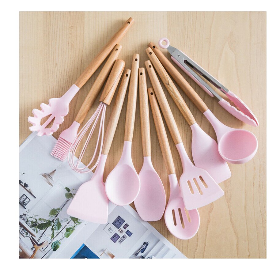 Set ustensile bucatarie 12 piese Lemn si Silicon alimentar ...