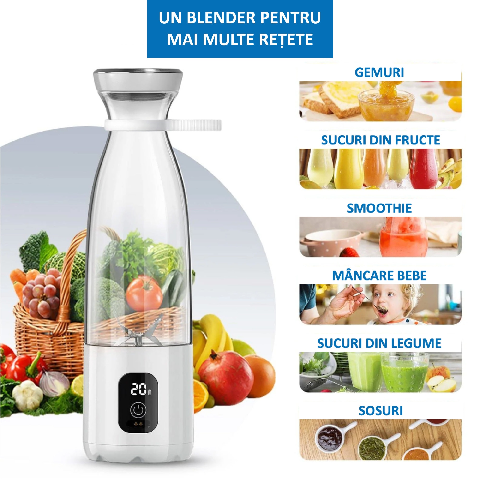 Mini Blender Electric Profesional Fruit Juicer White IdealStore Portabil, Incarcare Magnetica ...