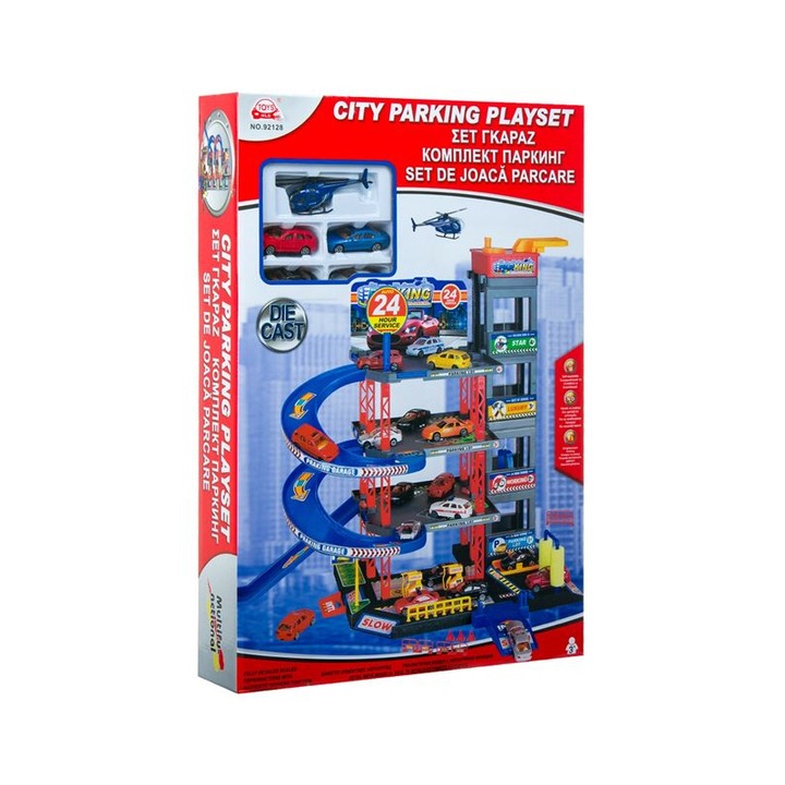Set copii Jucarii, Garaj, Elicopter, 4 masini, 4 nivele, Plastic, 3 ...