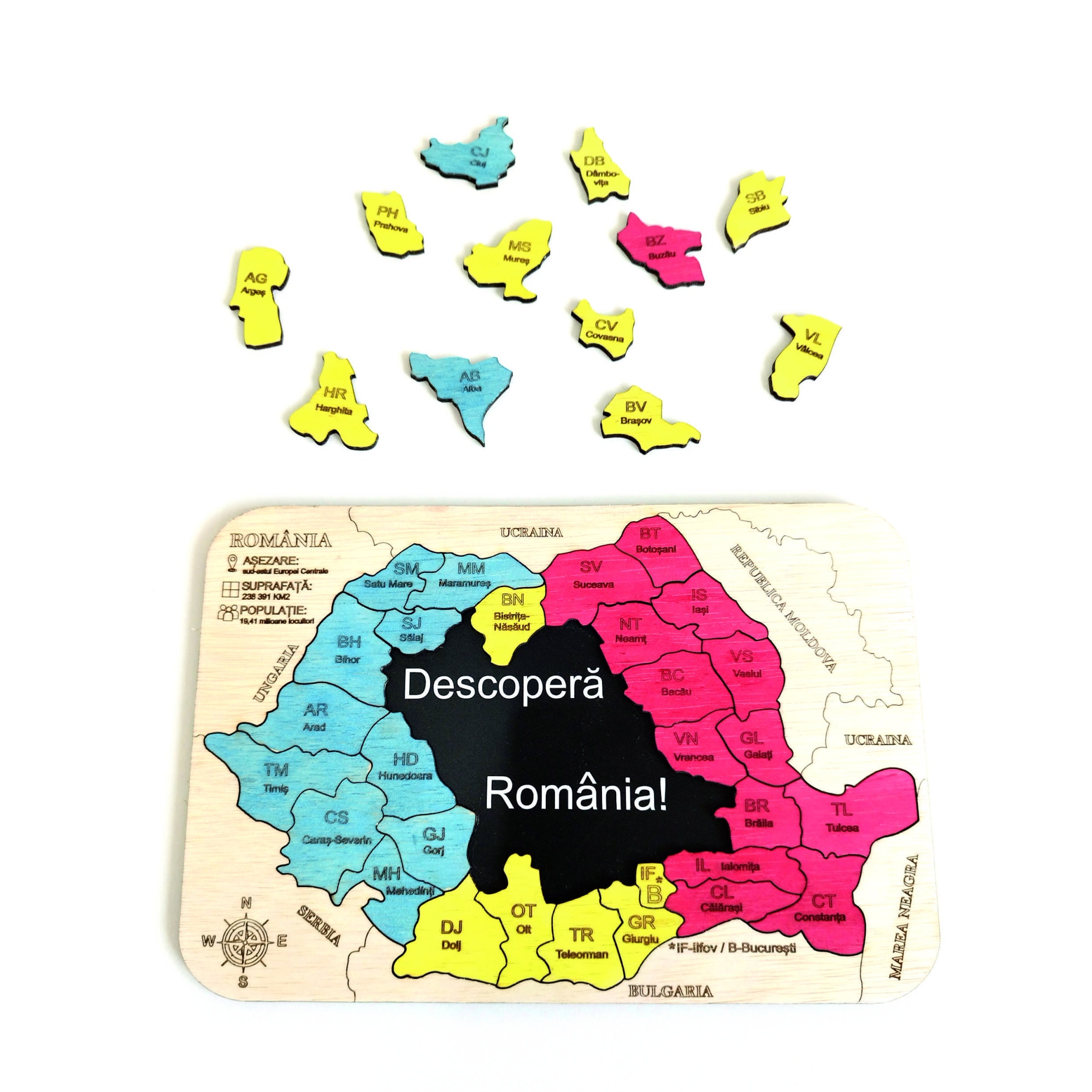 Puzzle Montessori, Harta Romaniei, Cele 41 de judete, lemn, 42 de piese ...