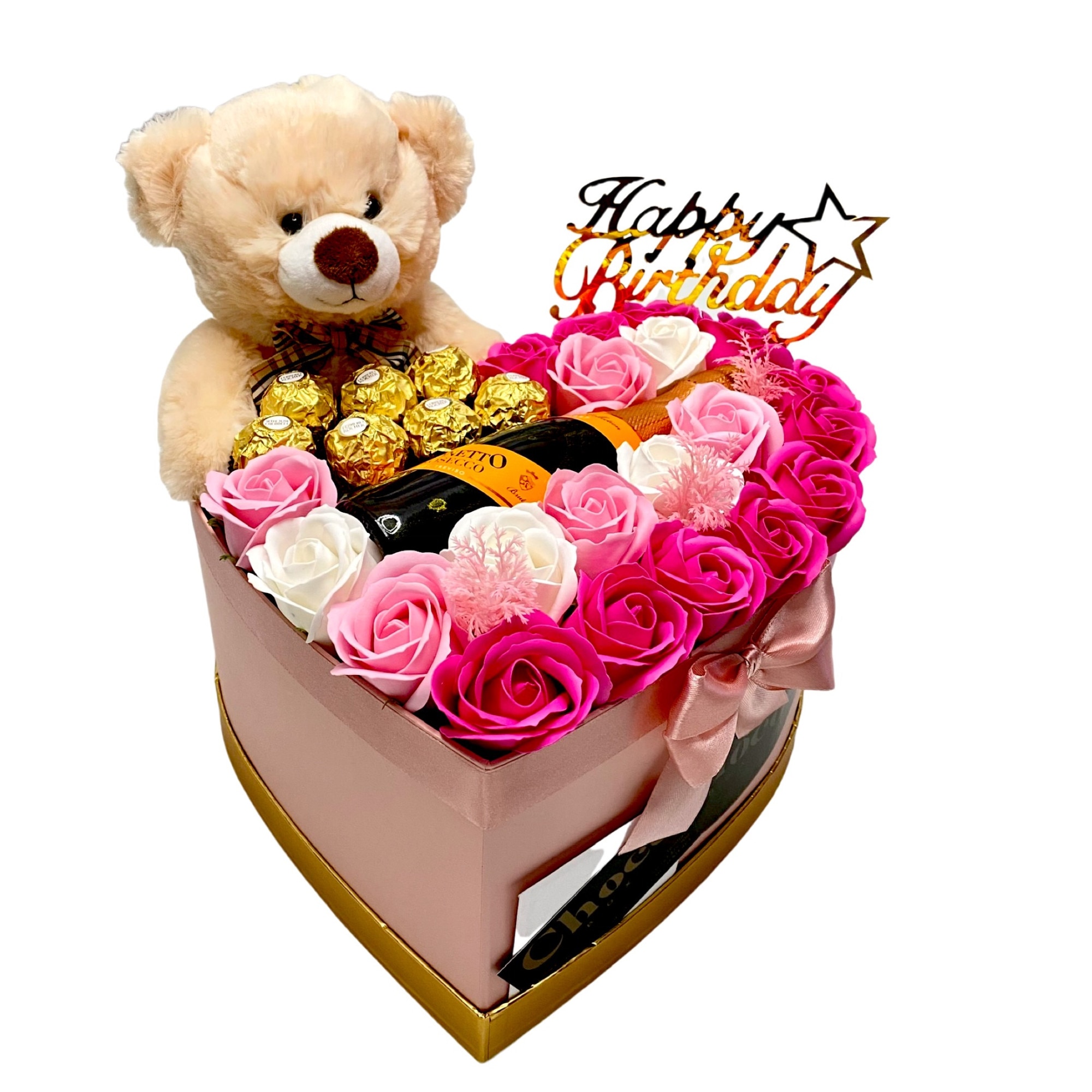 Подаръчна кутия Chocobox, сърце, рози, Prosseco, Ursulet и Ferrero ...