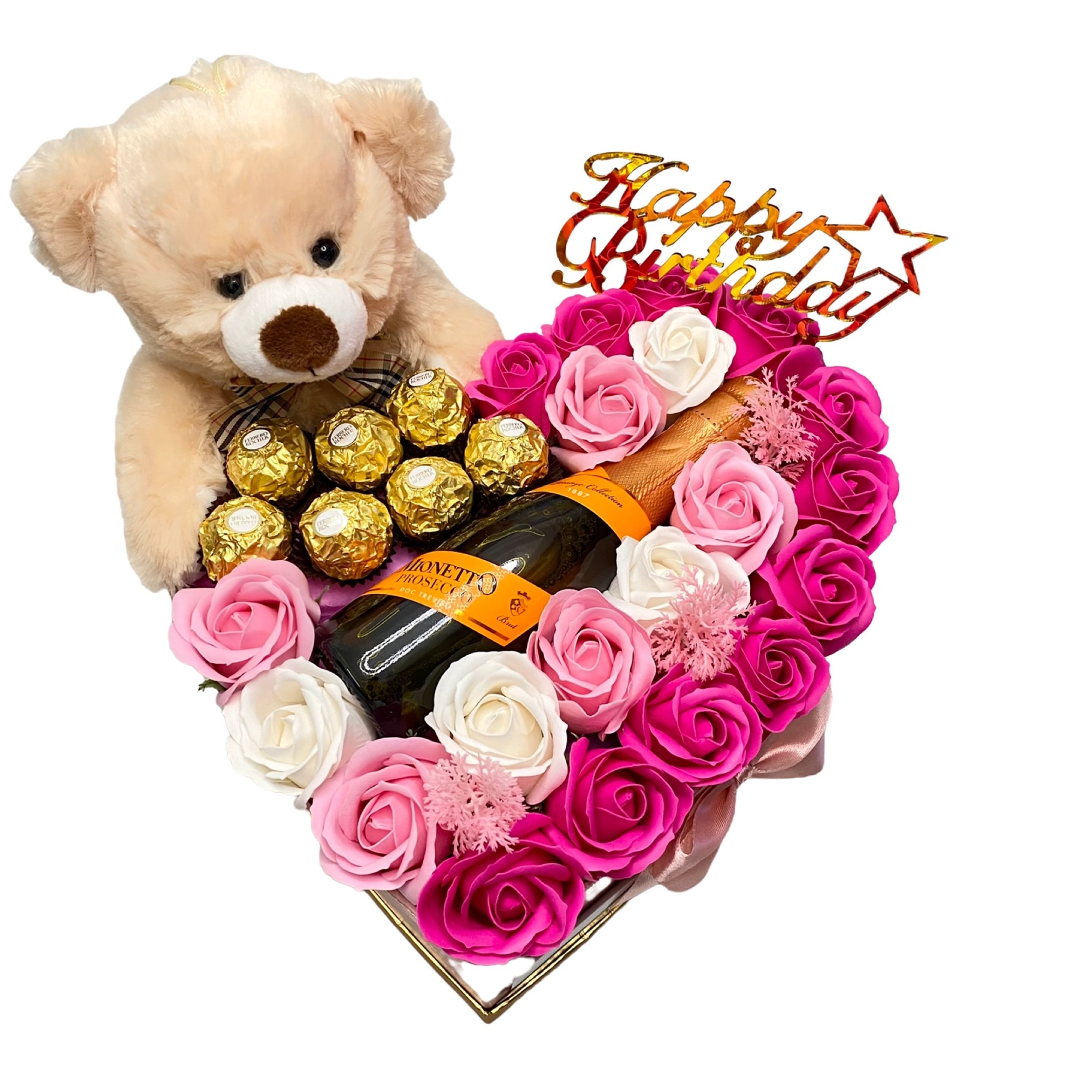 Подаръчна кутия Chocobox, сърце, рози, Prosseco, Ursulet и Ferrero ...