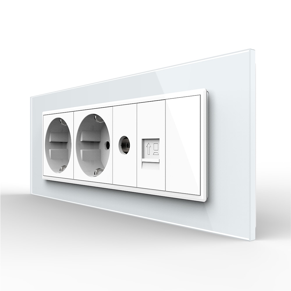 Priza Tripla cu Blank Livolo cu Rama din Sticla 2 Prize Schuko+TV ...