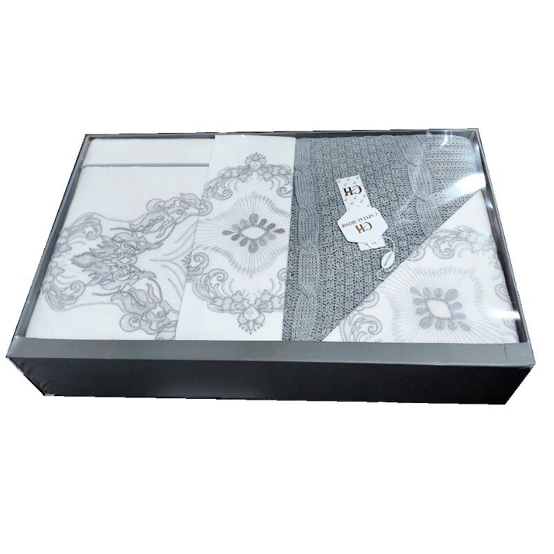 Set Lenjerie de Pat Brodata cu Pled Asortat, Dimensiune Pled 200 cm x ...