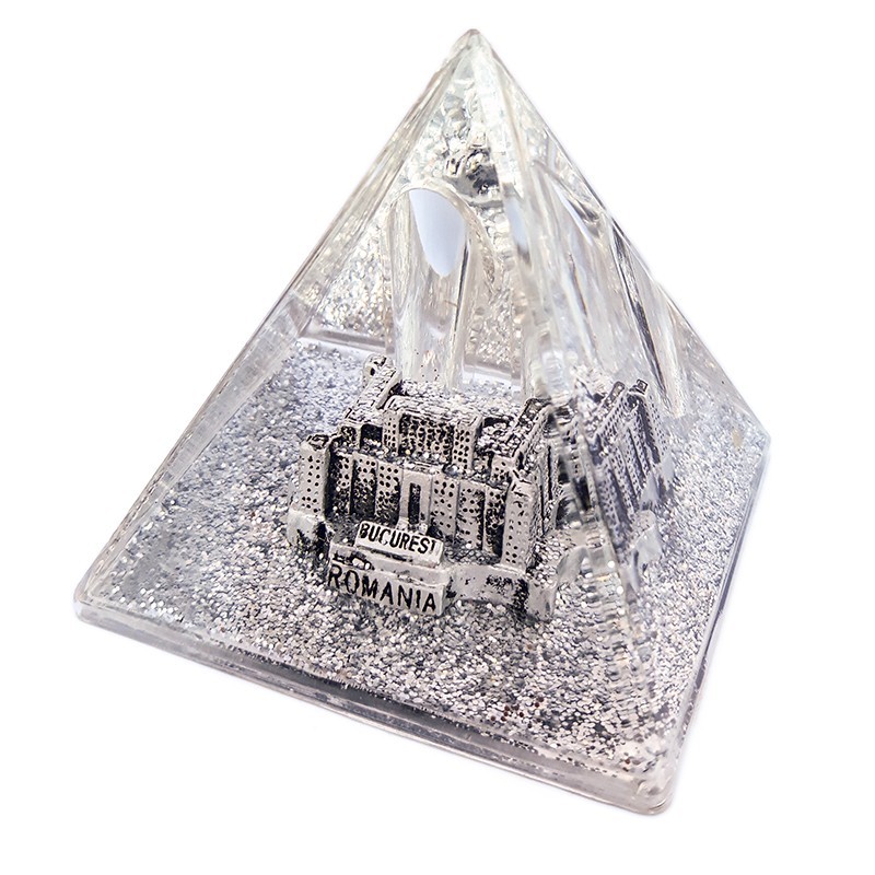 Piramida din plastic cu lichid, cu Palatul Parlamentului, argintiu, 8x8 ...