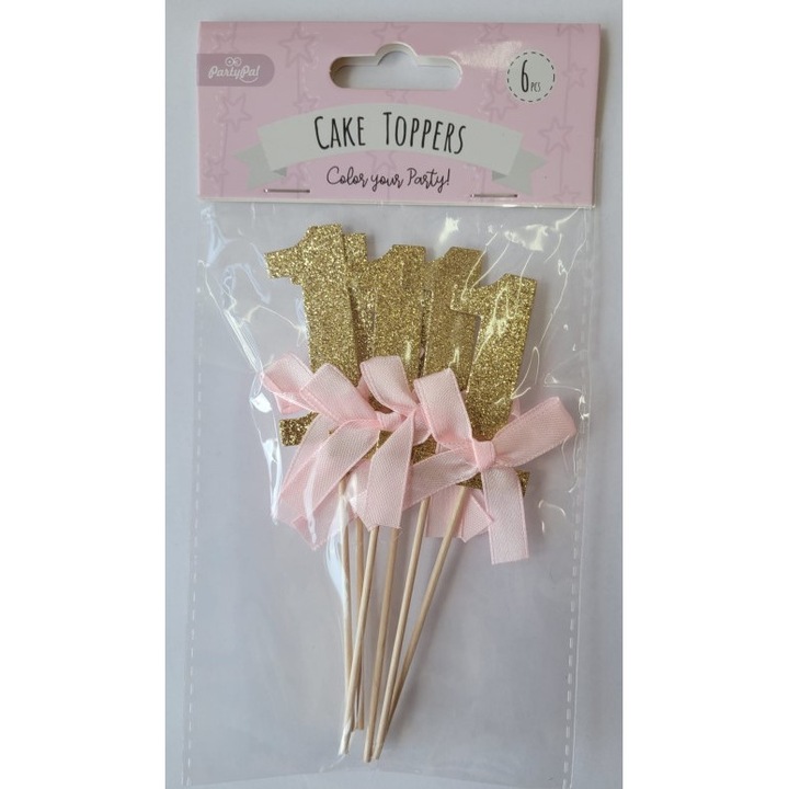 Set 6 decoratiuni tort / briosa 1 an roz si auriu 6 cm - eMAG.ro
