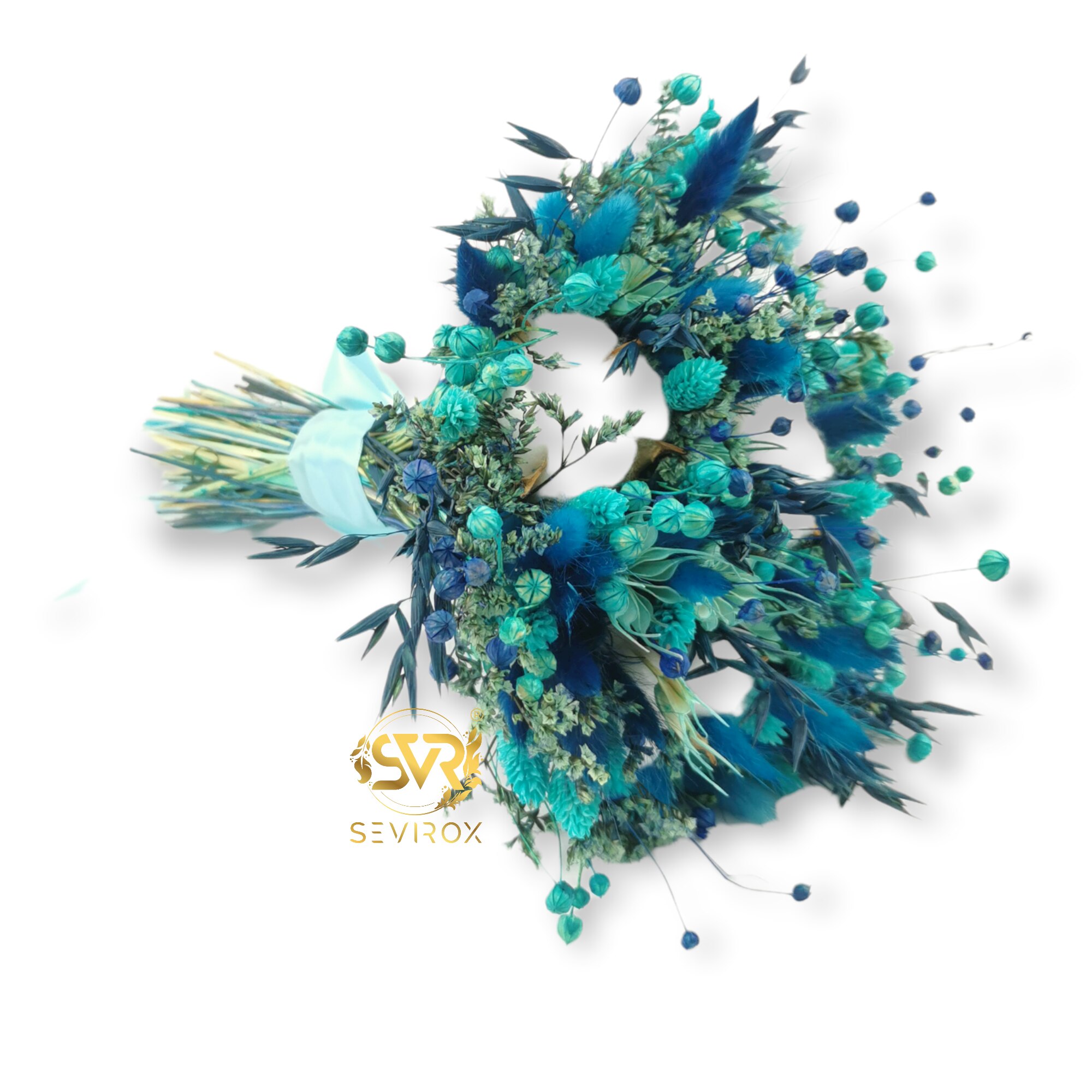 Buchet de flori naturale, uscate, criogenate, albastru si turcoaz ...