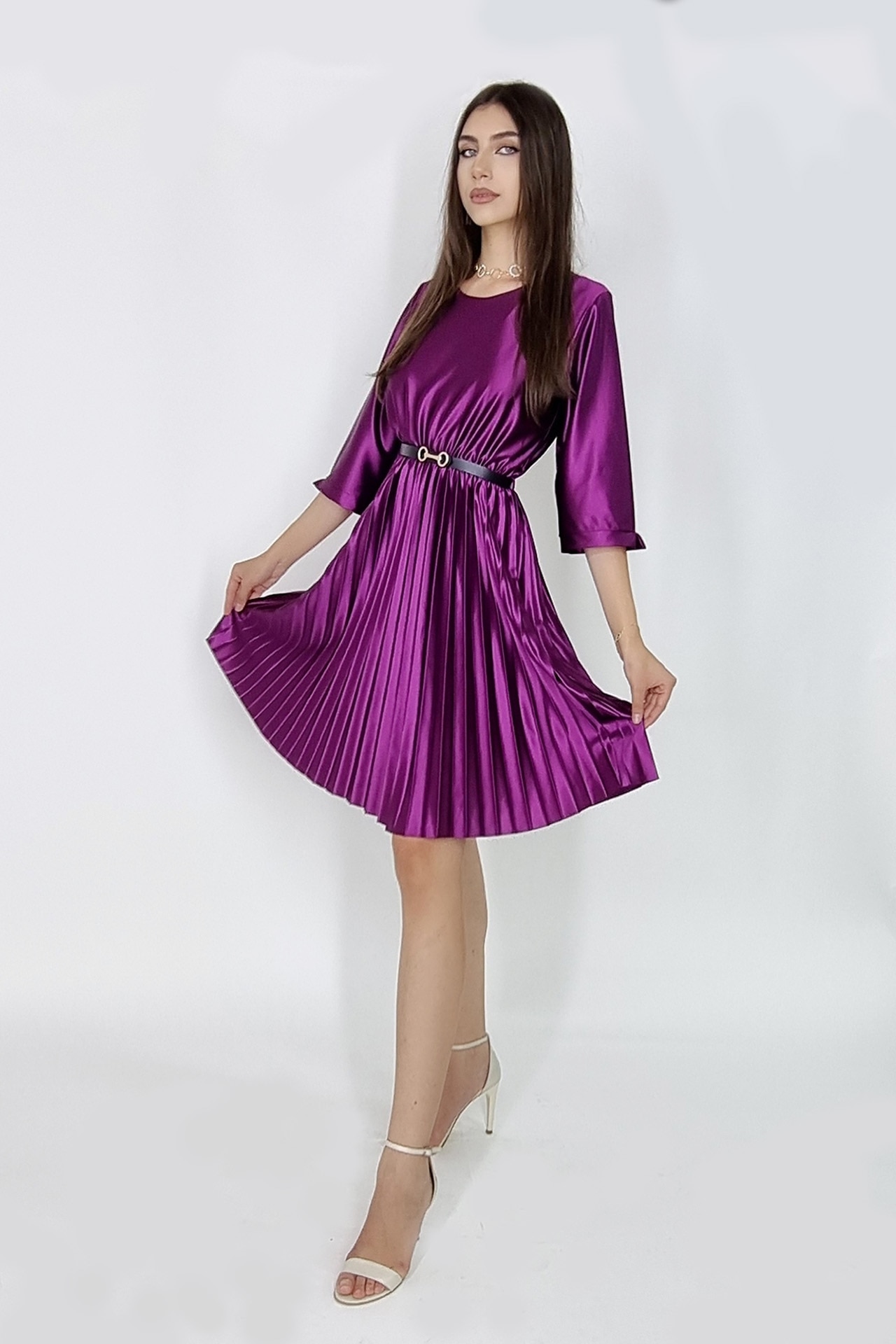 Rochie midi Glossy, cu efect plisat si curea inclusa, Mov, Marime ...