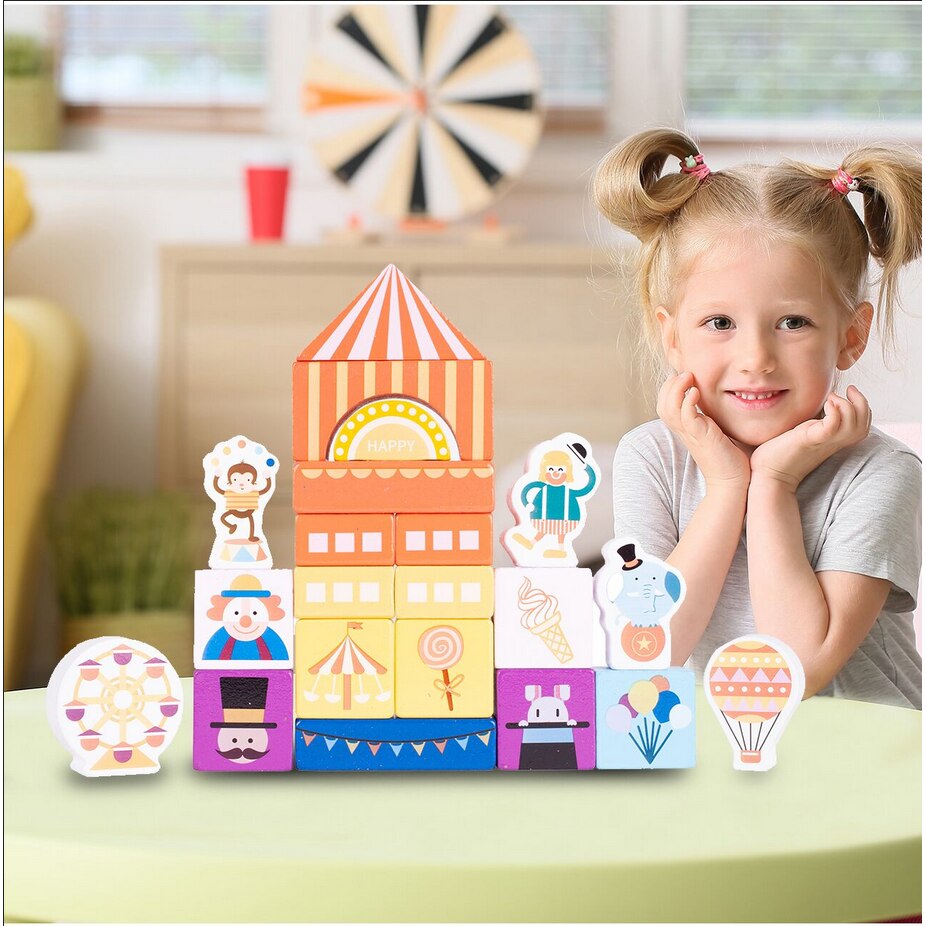 Set constructie din cuburi educative din lemn natural pentru copii, 184 ...