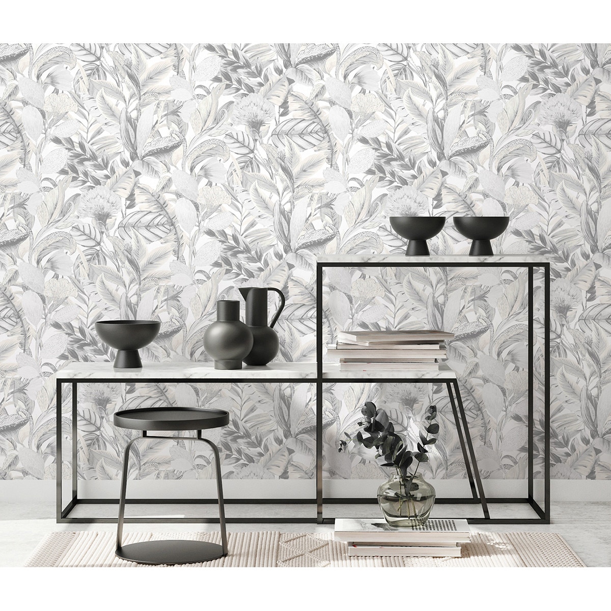 Tapet modern cu frunze si flori, alb, gri, extralavabil ELLE 2, 10202 ...