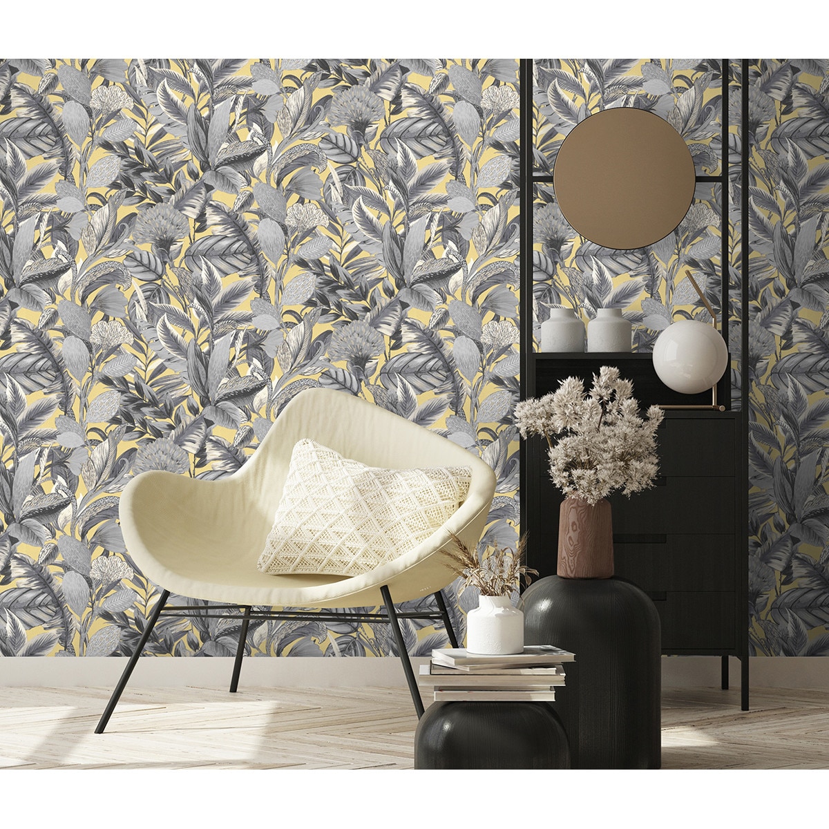 Tapet modern cu frunze si flori, negru, galben, extralavabil ELLE 2 ...