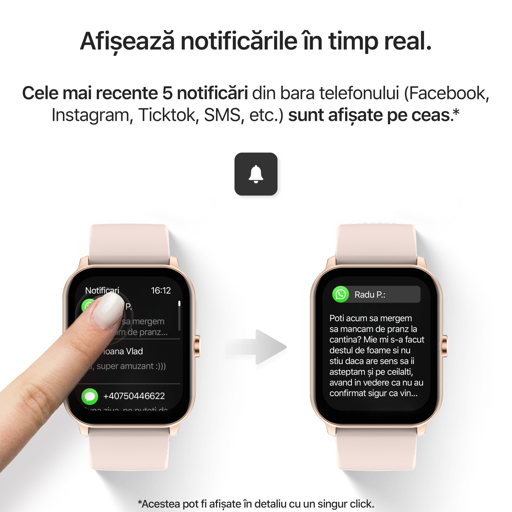 Ceas smartwatch dama, Zoopie® smartCALL, fitness, sport, rezistent apa, notificari, meteo, limba ...