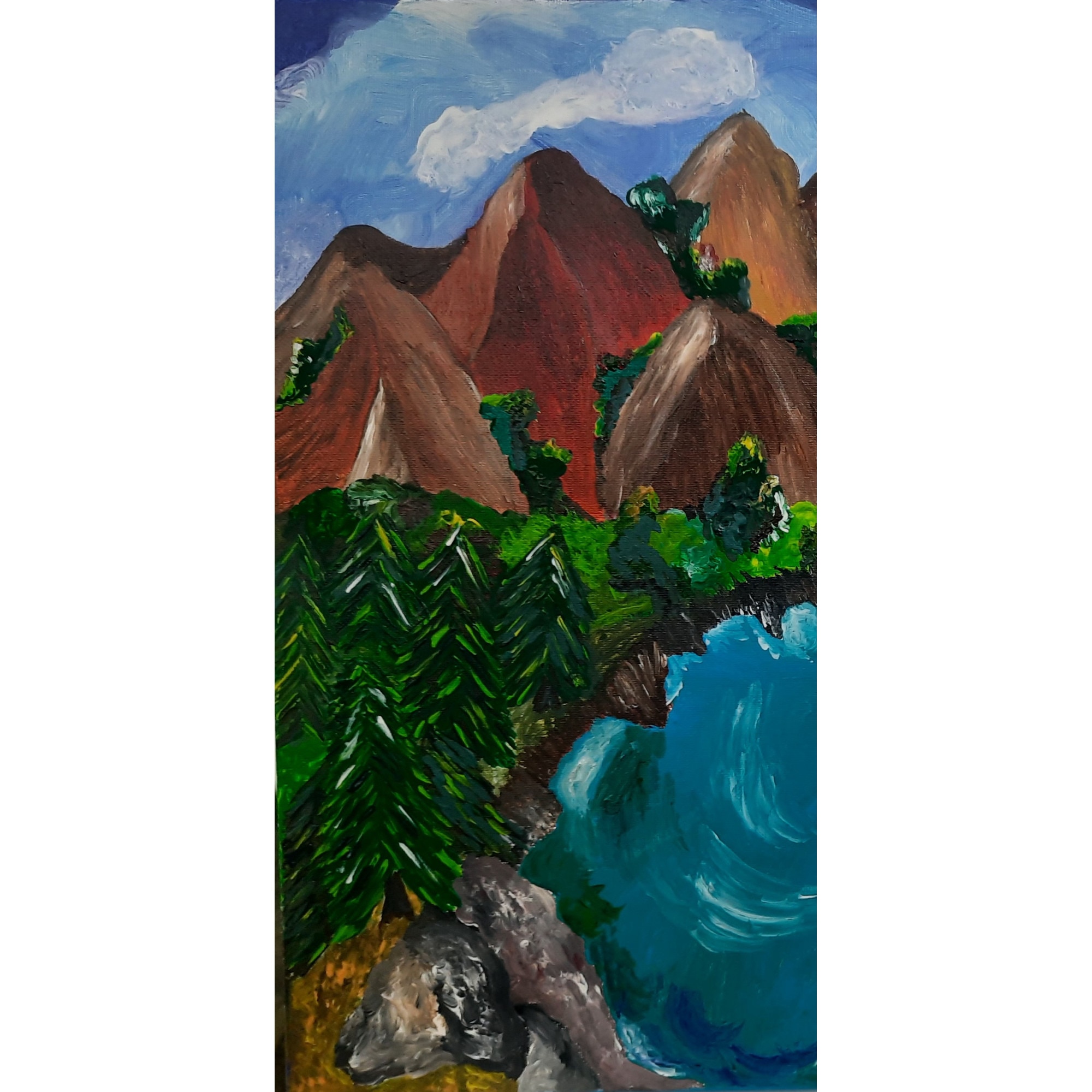 Tablou pictat manual, Peisaj de munte, pictura in acril pe panza, 50 x ...