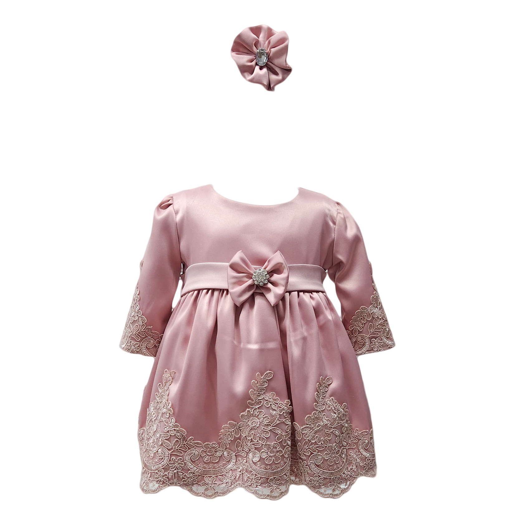 Rochie botez cu maneca lunga, model Regina, culoare roz prafuit, varsta ...