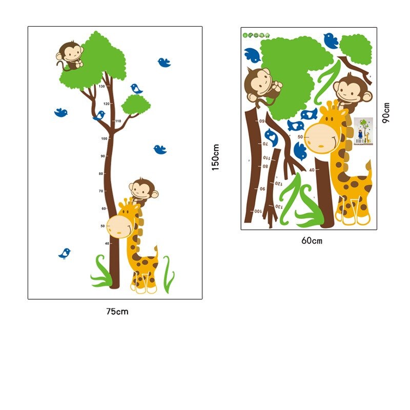 Autocolant masurator inaltime - copac cu girafa si maimute - grafic de ...
