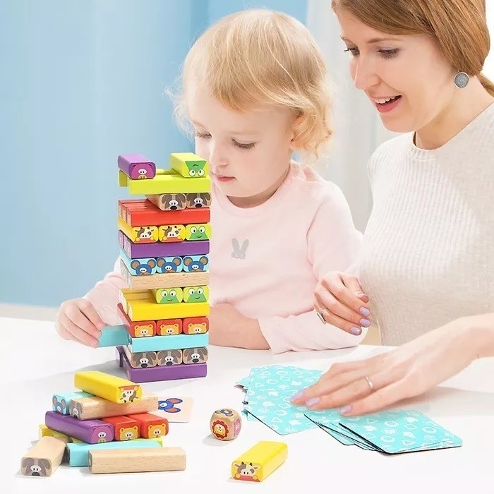 Joc din lemn tip Jenga, Turnul Instabil Big Coloured Animals - eMAG.ro