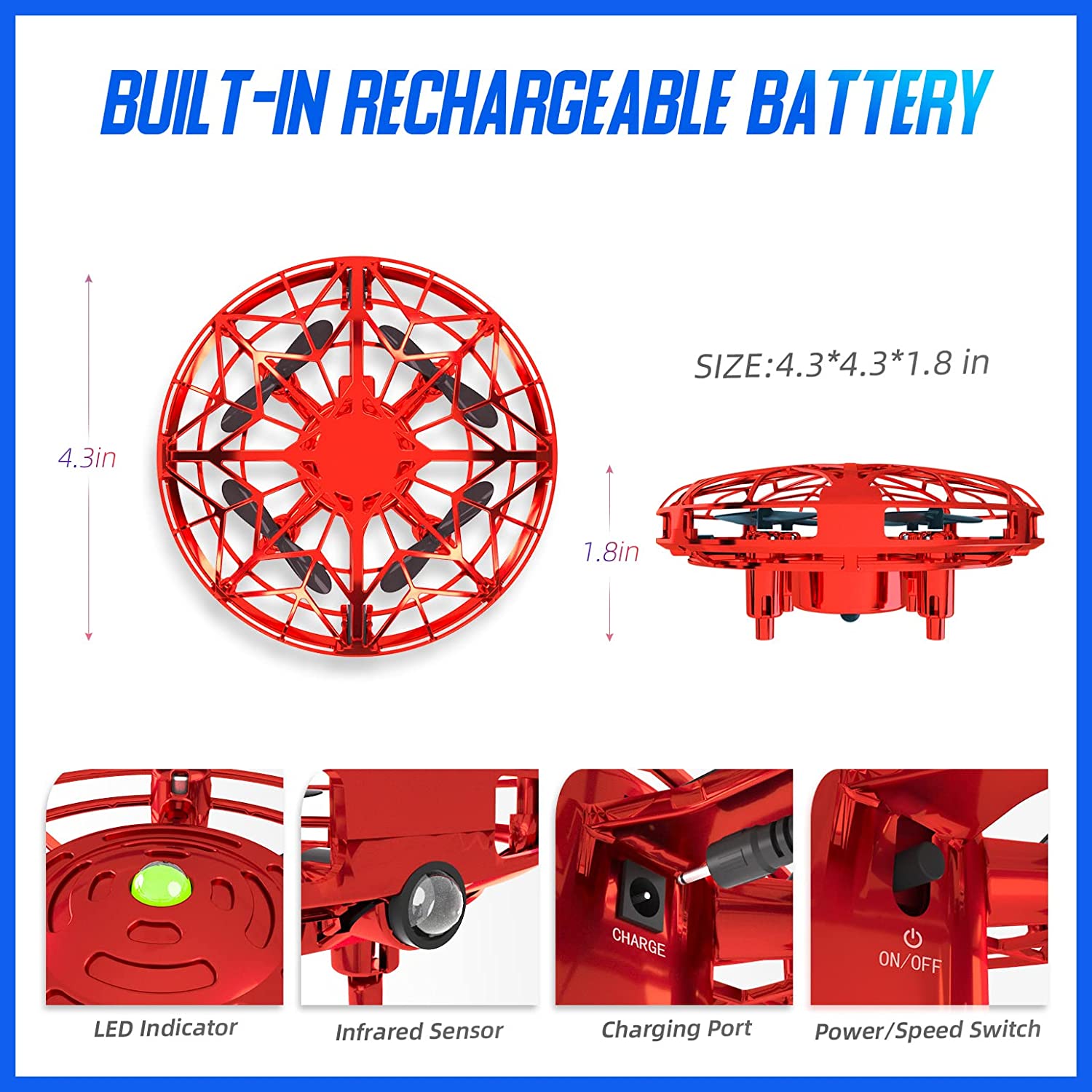 Drona copii, ABS, Rotire 360, Rosu - eMAG.ro
