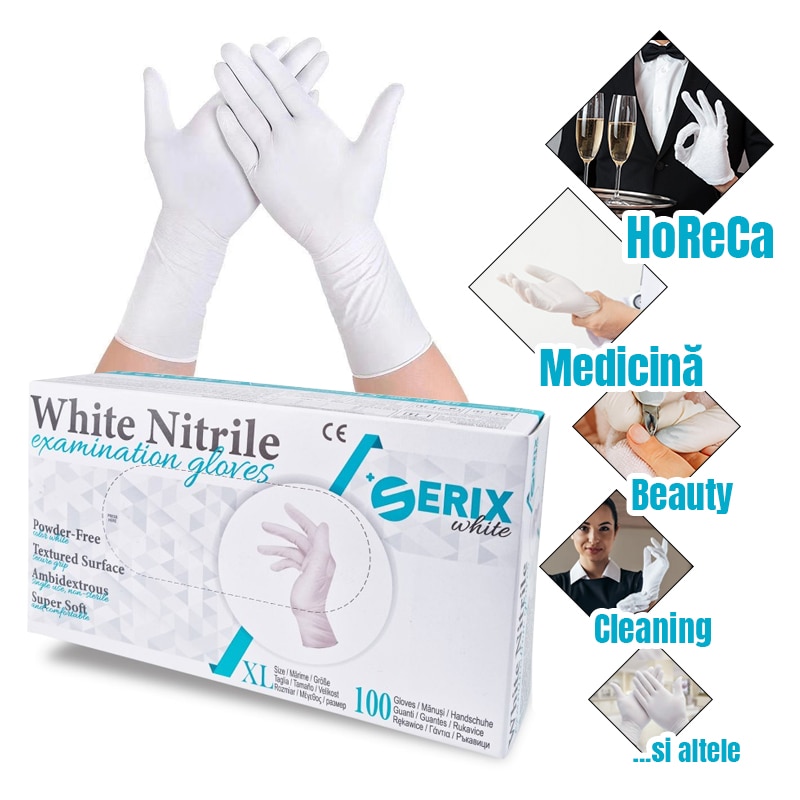 Set 100 Manusi de Examinare Albe, Nitril, Nepudrate, Serix White, XL ...