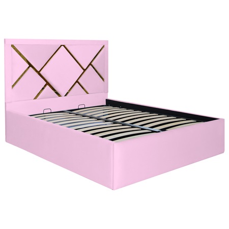 Pat dublu tapitat California, roz cu benzi aurii, 160/200 cm cu somiera ...