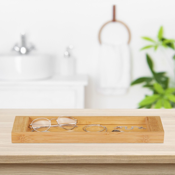 Tava din bambus multifunctionala, baie/living/birou, 3 x 40 x 15 cm ...