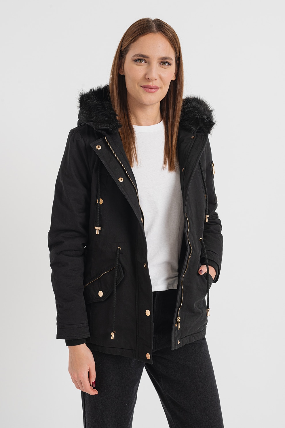 Geo Norway, Geaca parka cu garnitura de blana sintetica Boldina, Negru ...