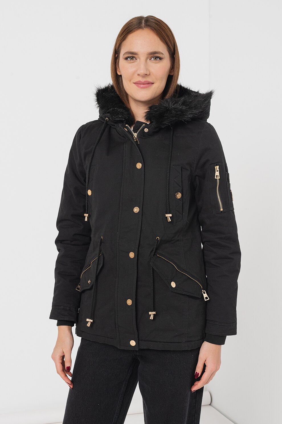 Geo Norway, Geaca parka cu garnitura de blana sintetica Boldina, Negru ...