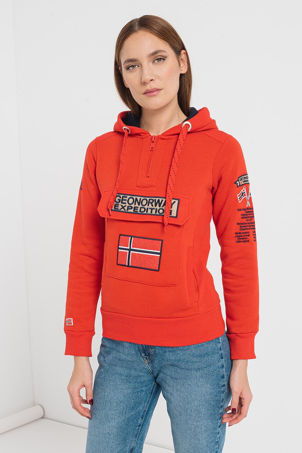 Geo Norway, Hanorac cu logo brodat si fenta cu fermoar Gymclass, Rosu, 4 - eMAG.ro