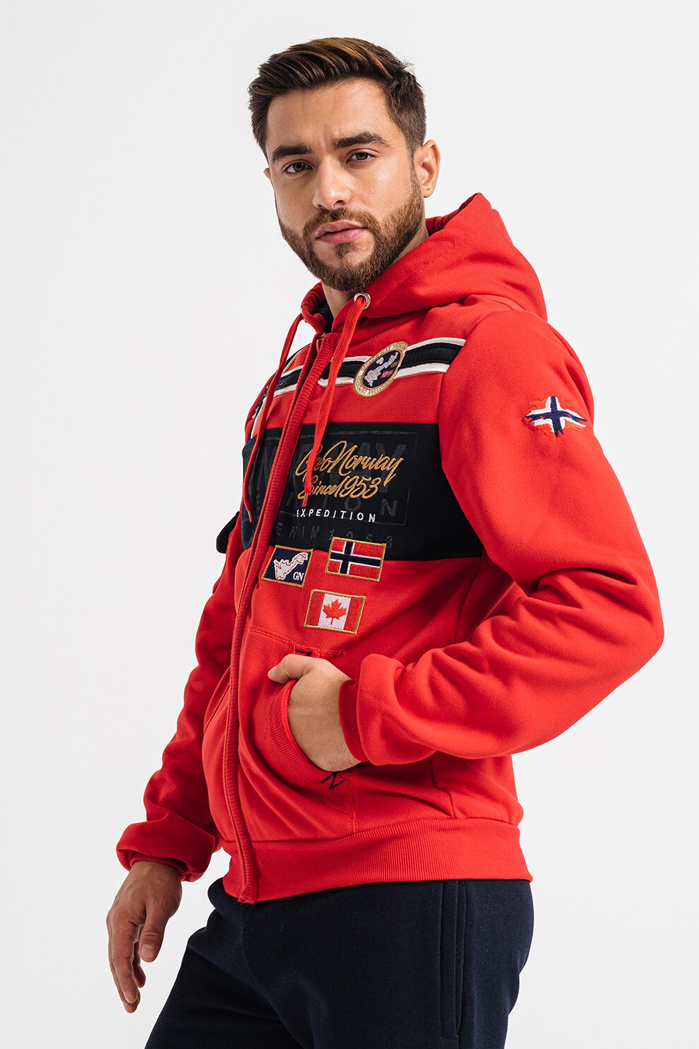 Geo Norway, Hanorac cu fermoar si aplicatii brodate Garadock, Rosu, Alb ...