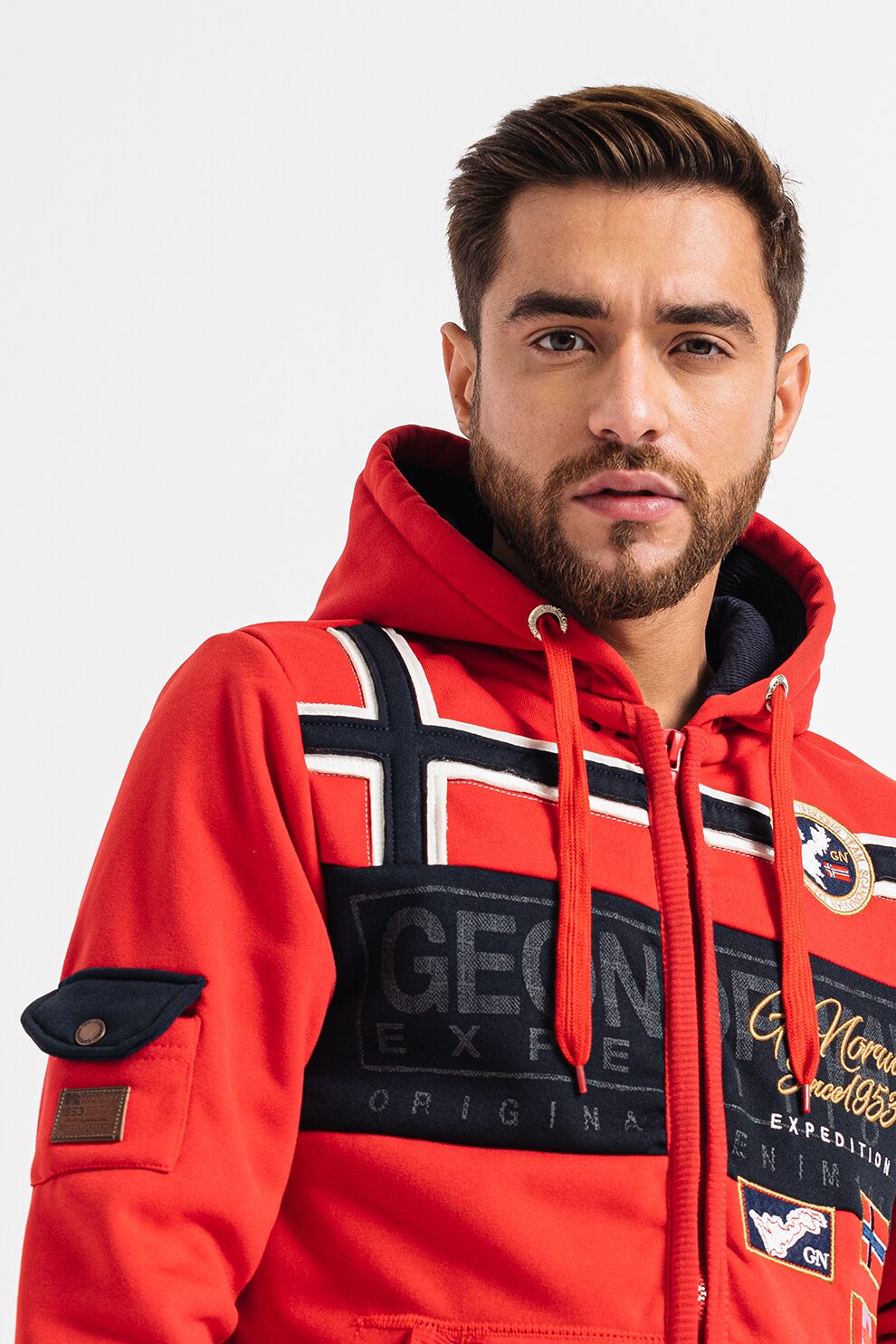 Geo Norway, Hanorac cu fermoar si aplicatii brodate Garadock, Rosu, Alb ...