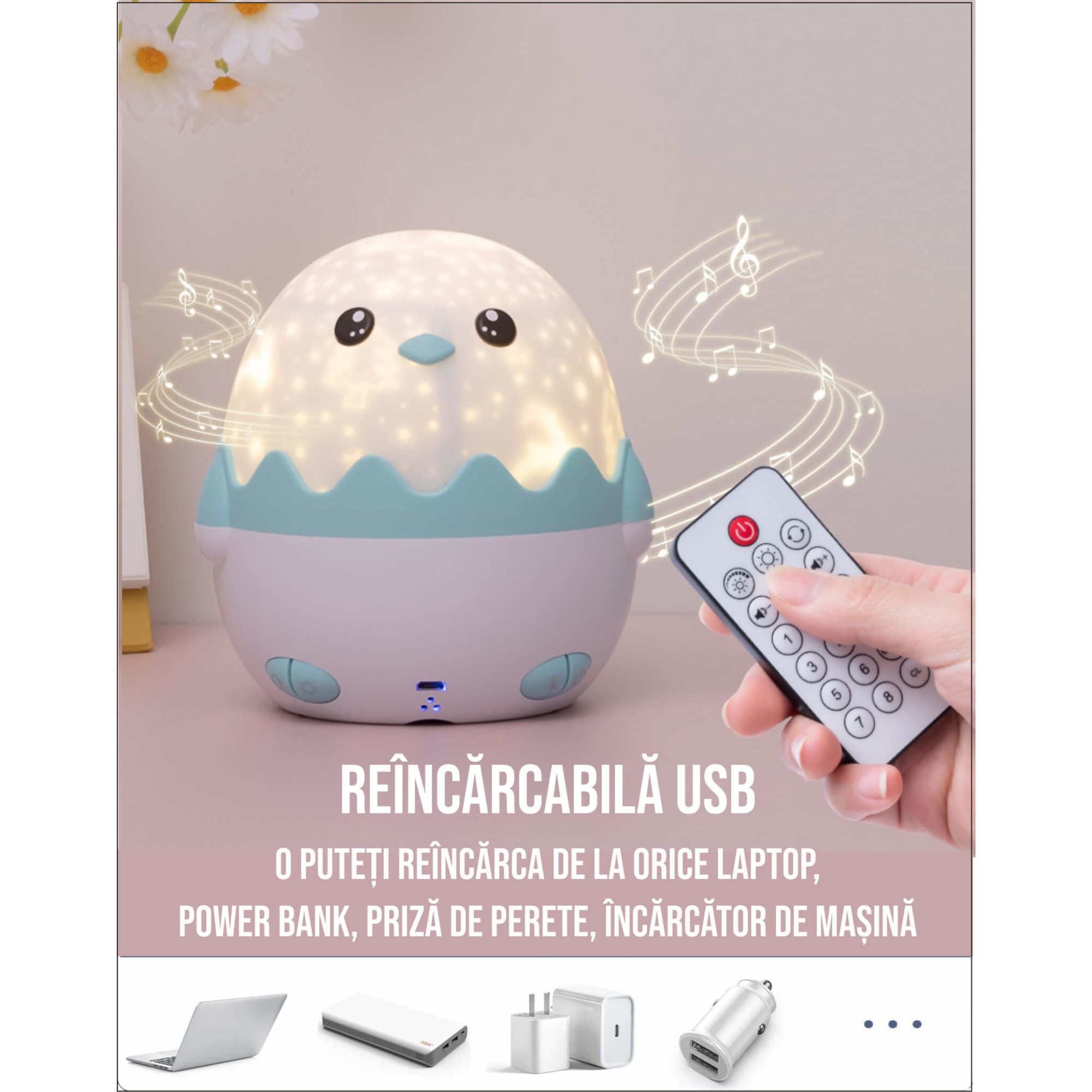 Lampa bebelusi cu Bluetooth, telecomanda si proiector, pentru copii ...