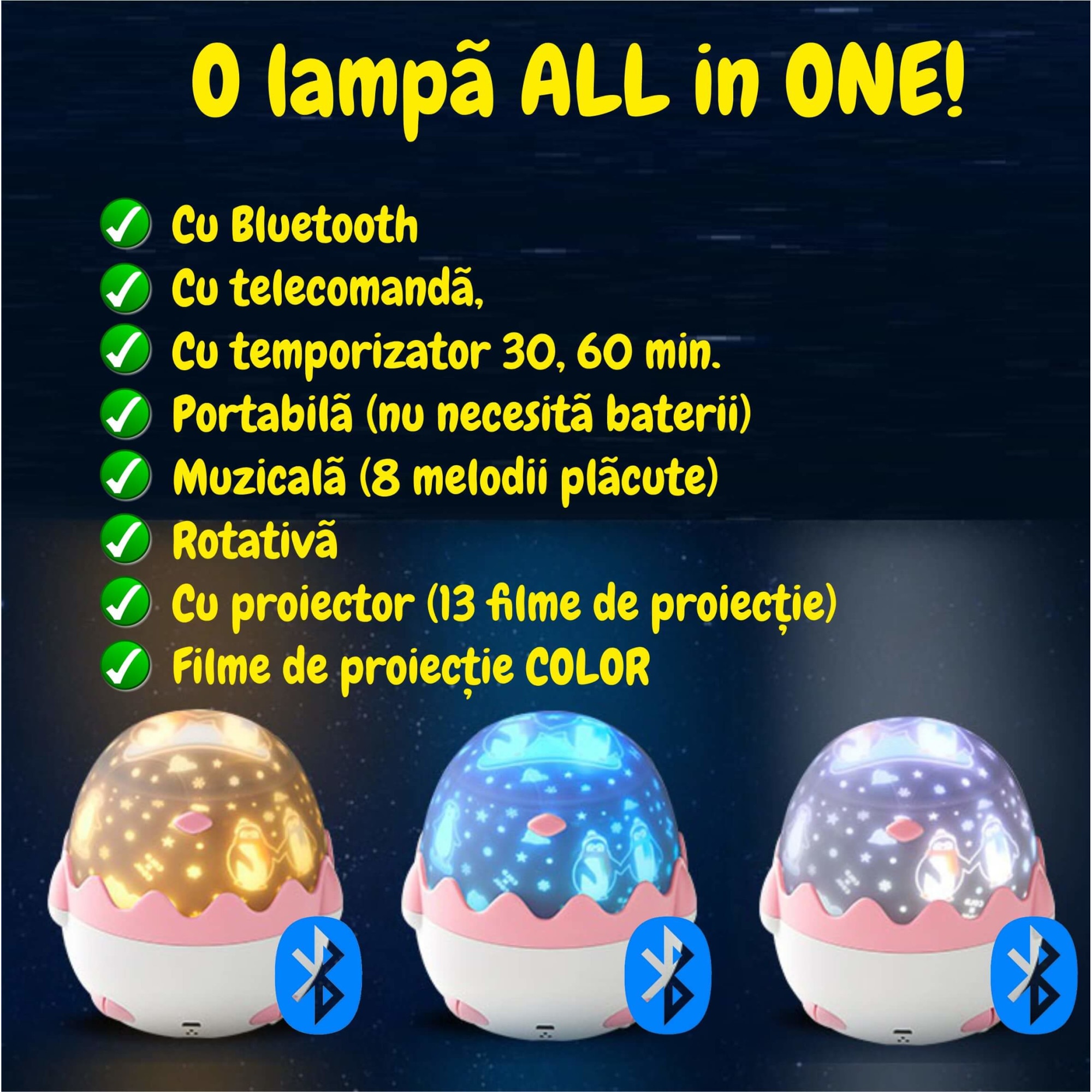 Lampa bebelusi cu Bluetooth, telecomanda si proiector, pentru copii ...