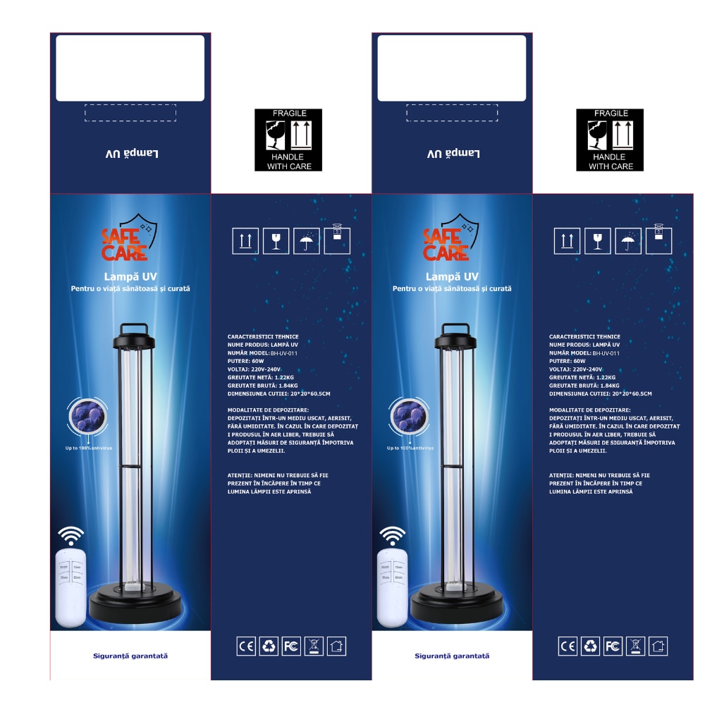 Lampa UVC pentru Sterilizare, fara Ozon, Putere de 60W, 120mp, cu Telecomanda - eMAG.ro