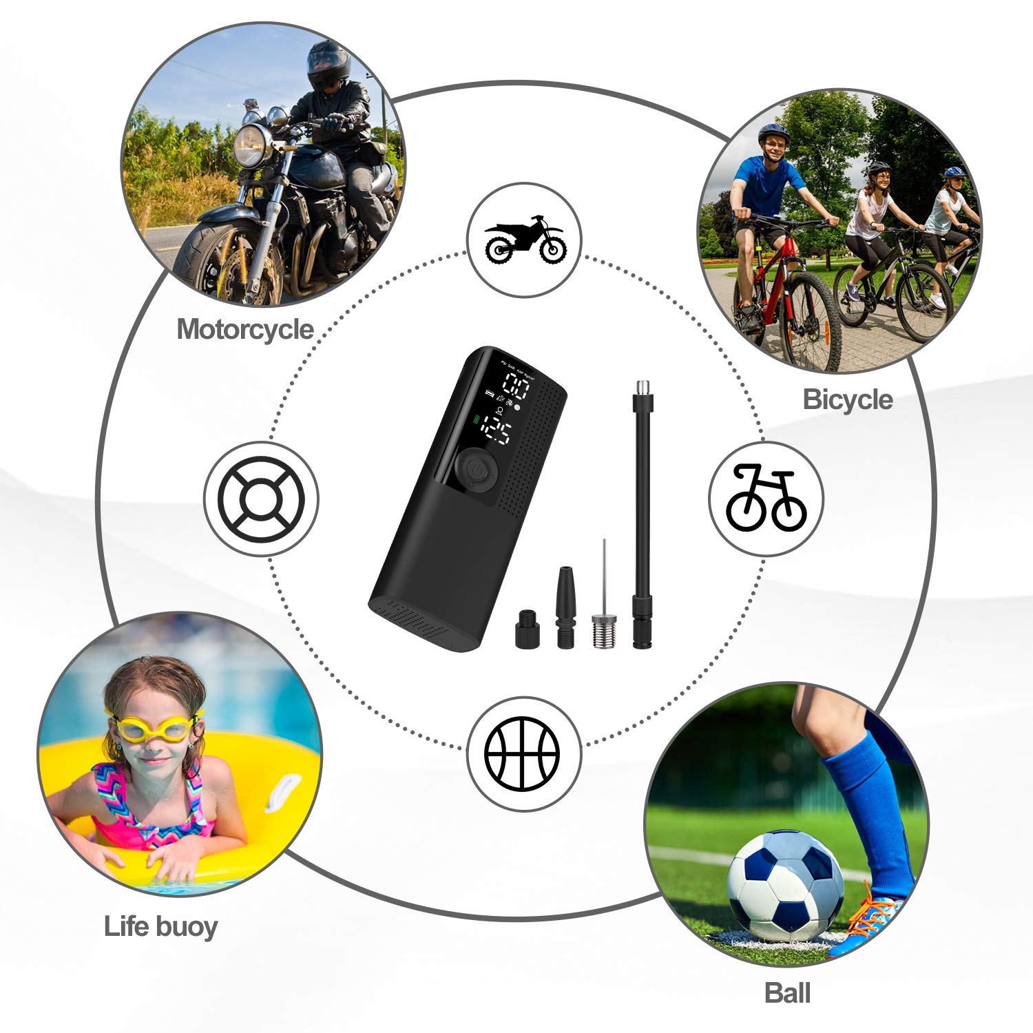 Преносим въздушен компресор, WALALLA, сензор за налягане, 2000 mAh, 120 ...